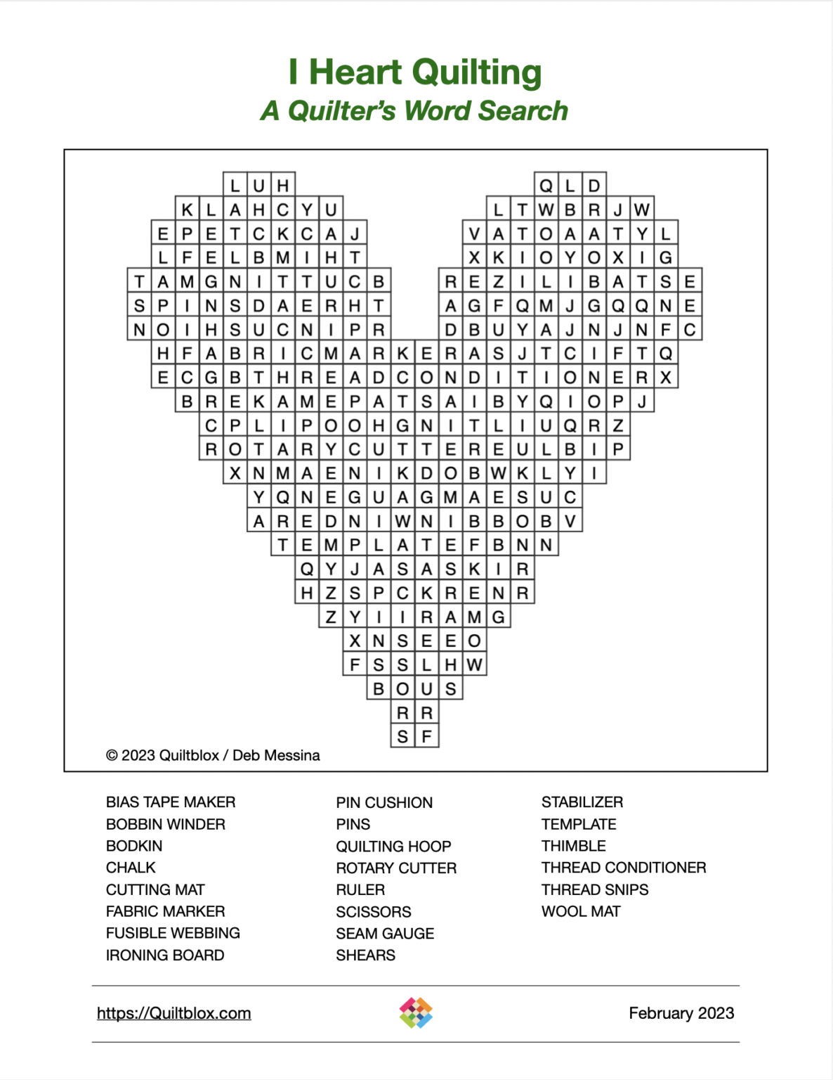 I Heart Quilting – A Quilter’s Word Search | Quiltblox.com