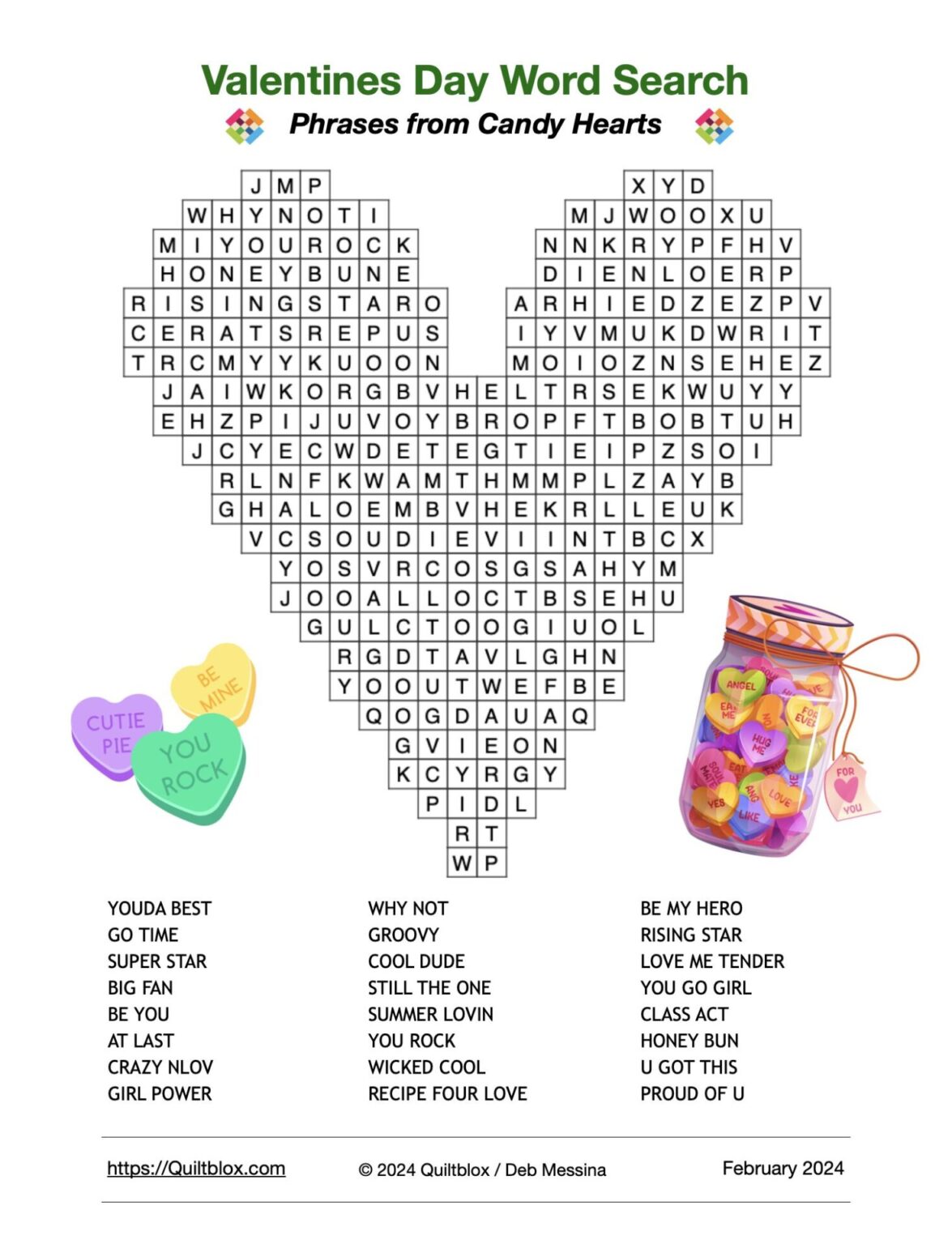 Valentine Candy Heart Word Search | Quiltblox.com